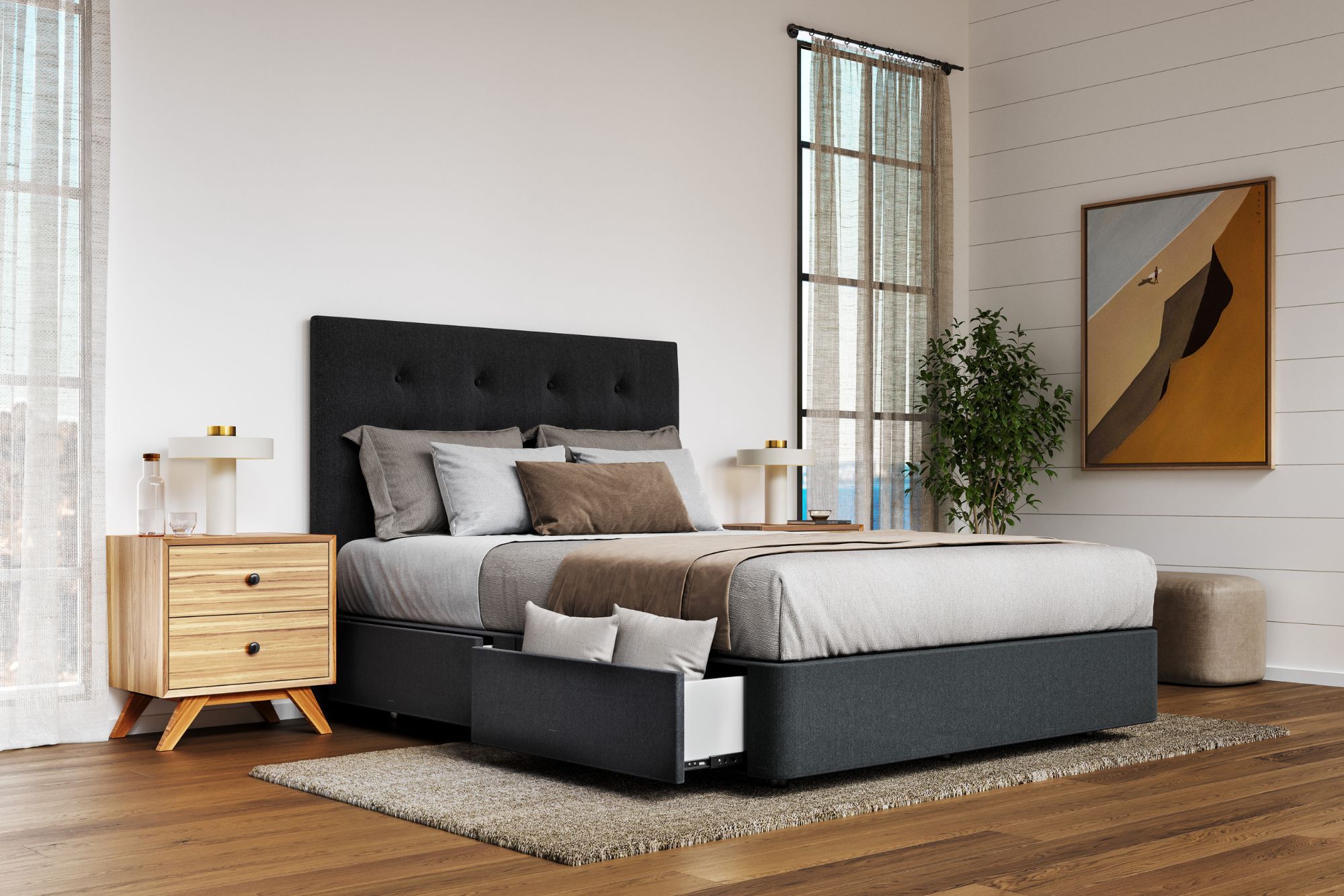 Options Smoke Queen Buttoned Headboard and 4 Drawer Base | Bedshed